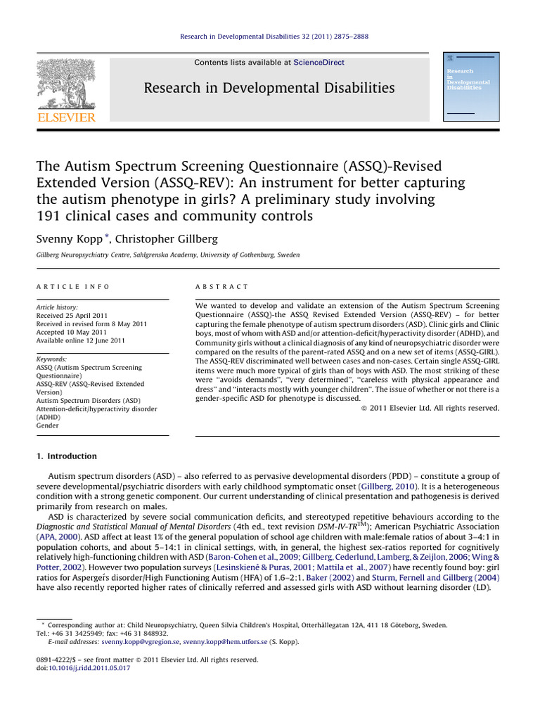 The Autism Spectrum Screening Questionnaire ASSQ | PDF | Autism ...