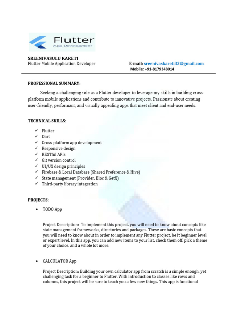 Resume Flutter Developer 2024 | Download Free PDF | Mobile App ...