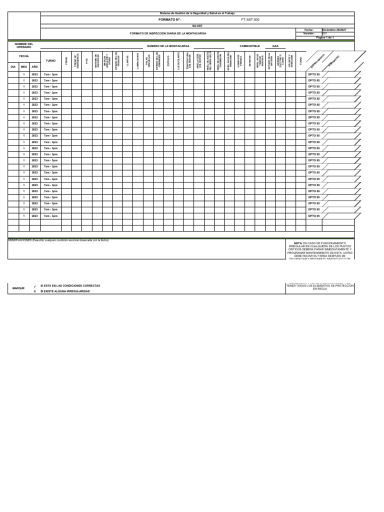 FT-SST-000 Formato Inspeccion Diaria de Montacargas | PDF | Bienes ... FT-SST-000 Formato Inspeccion Diaria de Montacargas | PDF | Bienes ...