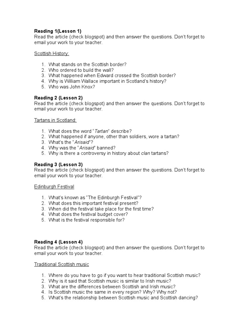 Reading Comprehension Questions | PDF | Scotland