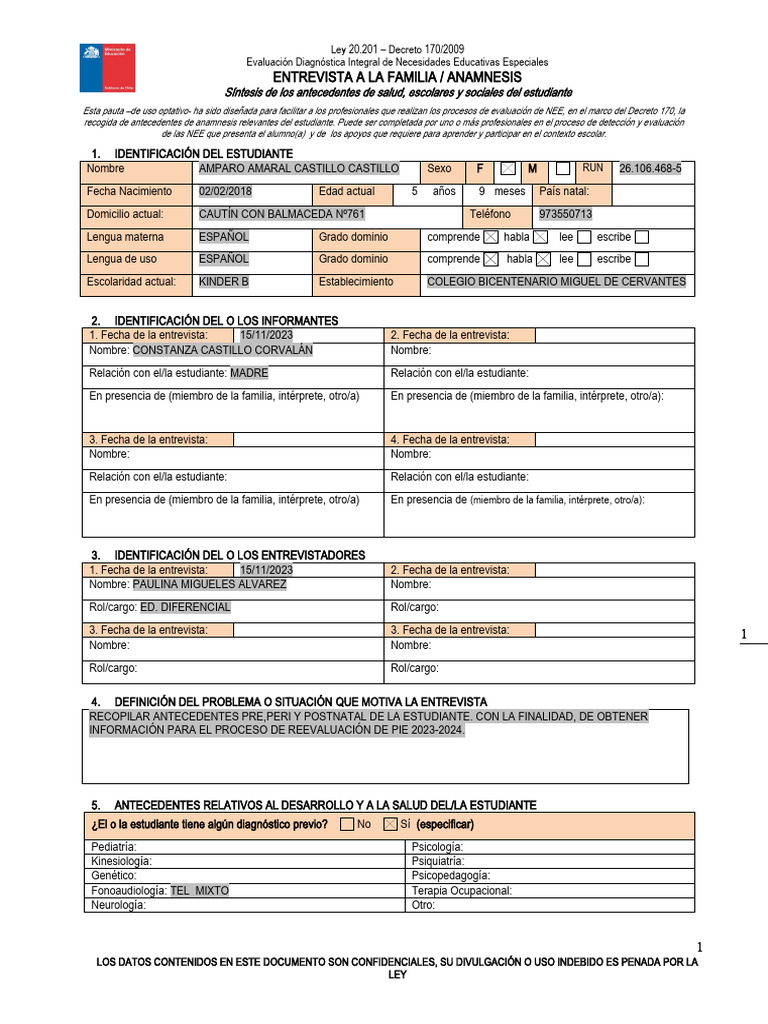 ANAMNESIS Amparo Castillo Castillo Kinder B | PDF | Educación de la ...