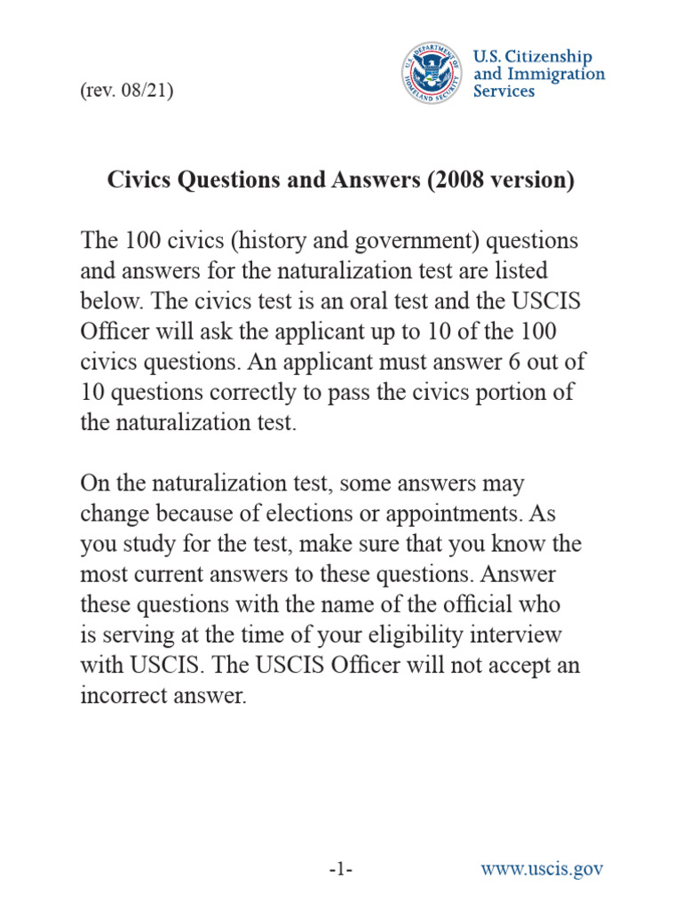 OoC 100 Questions 2008 Civics Test Large V1 | PDF | American Civil War ...