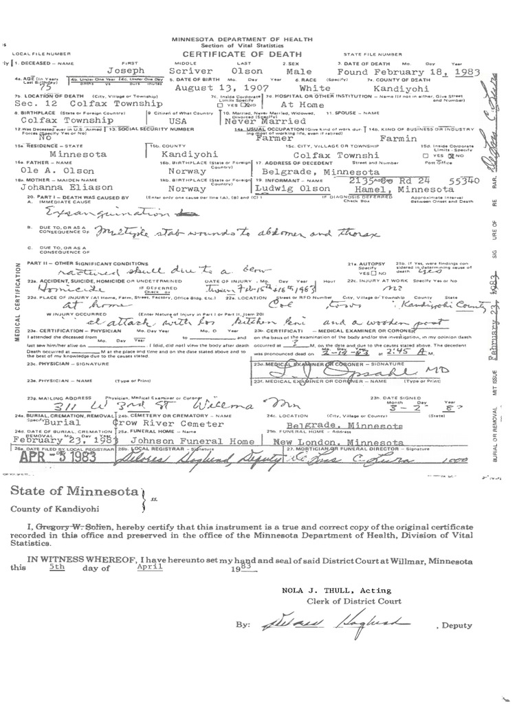 Joseph Olson Death Certificate | PDF