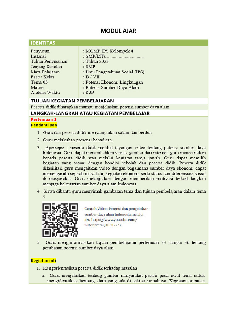 Modul Ajar TEMA 03 KELOMPOK 4 MGMP IPS - KELAS VII SEMESTER 2 | PDF