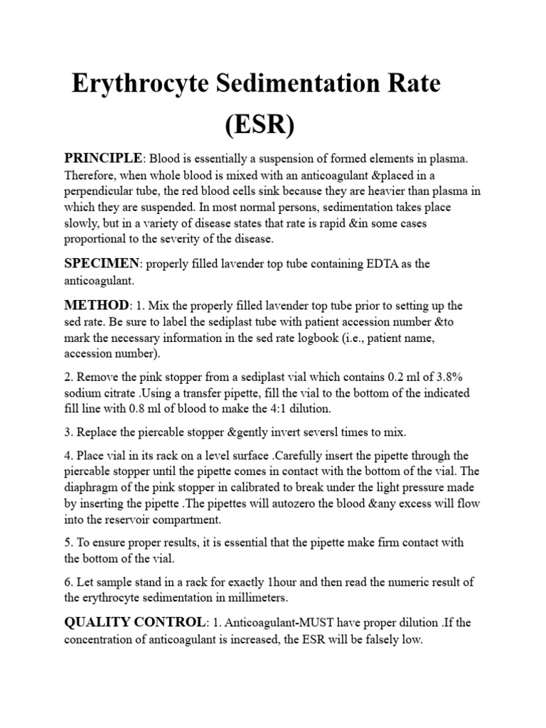 Erythrocyte Sedimentation Rate | PDF | Chemistry | Blood
