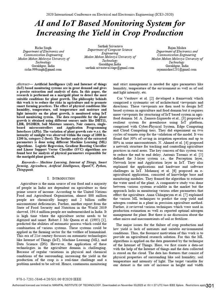 AI and IoT Based Monitoring System For Increasing The Yield in Crop Production | PDF | Internet ...