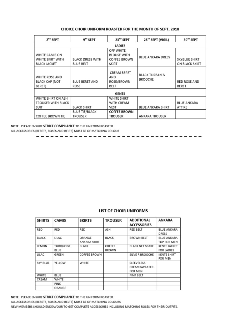 Choice Choir Uniform Roaster For September, 2018 | PDF | Dress | Skirt