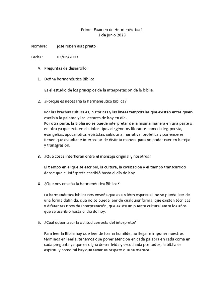 Primer Examen de Hermenéutica 1 | PDF | Biblia | Hermenéutica Bíblica