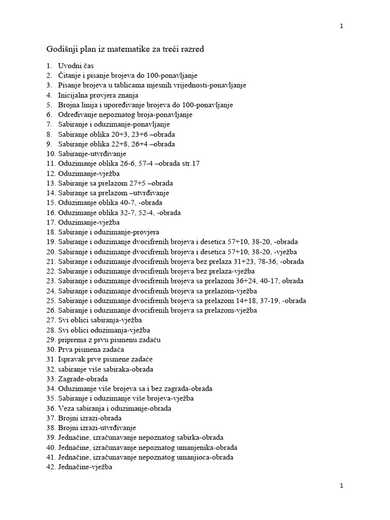Godišnji Plan Iz Matematike Za Treći Razred OŠ | PDF