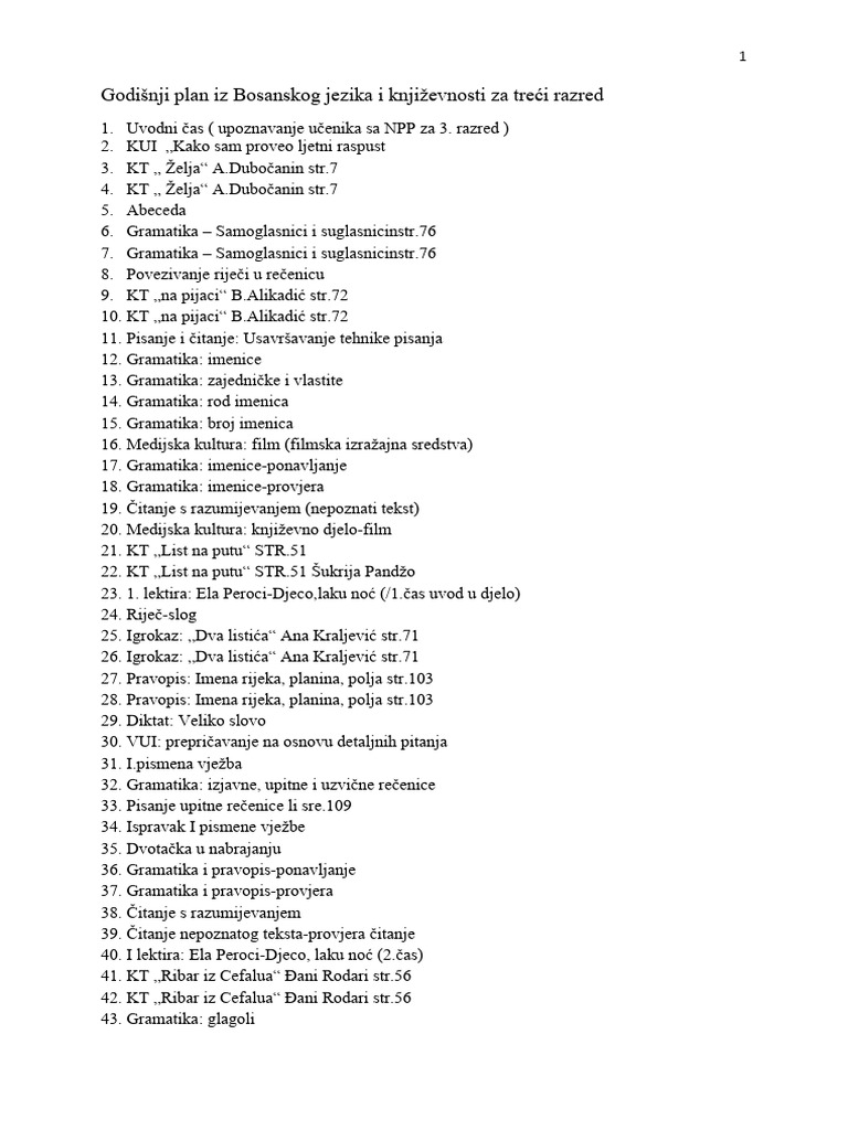 Godišnji Plan Iz Bosanskog Jezika I Književnosti Za Treći Razred | PDF