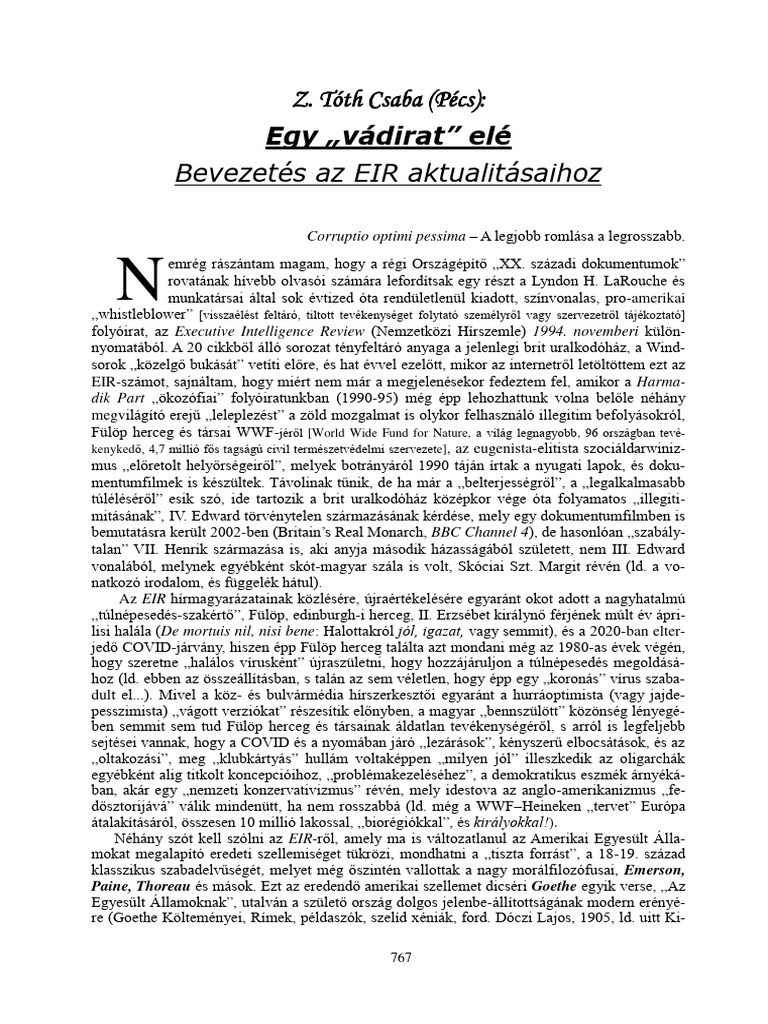 Z. Tóth Csaba - Egy "Vádirat" Elé. Bevezetés Az EIR Aktualitásaihoz | PDF