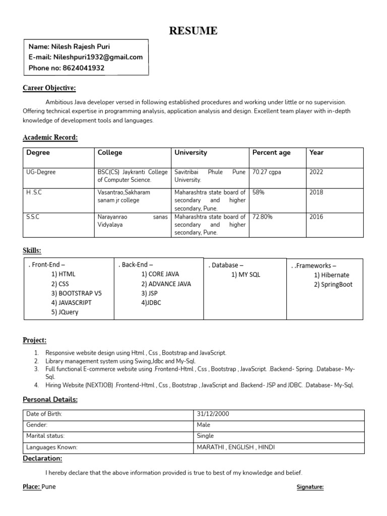 Nilesh Resume | Download Free PDF | Bootstrap (Front End Framework) | Java Script