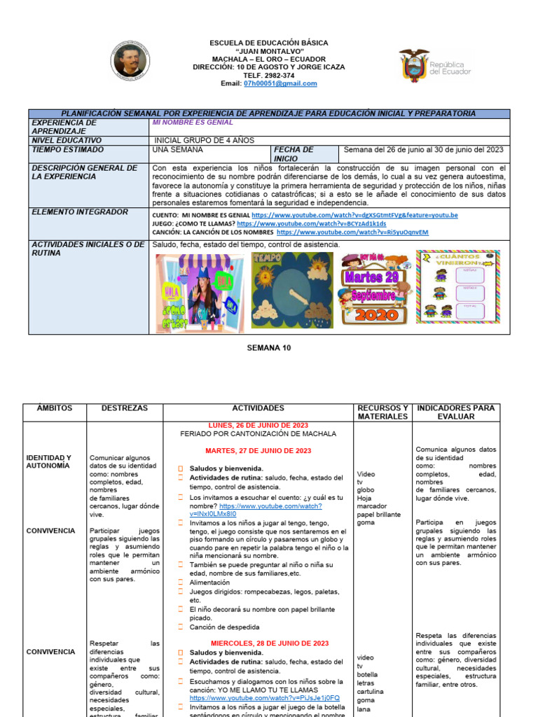 Planificación Semanal Educación Inicial | PDF