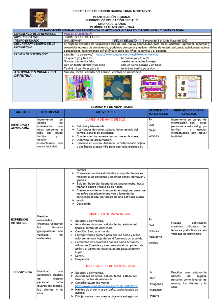 Planificación Semanal para Niños de 4 Años | PDF | Educación de la ...