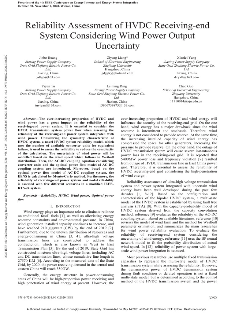 Reliability Assessment of HVDC Receiving-End System Considering Wind Power Output Uncertainty ...