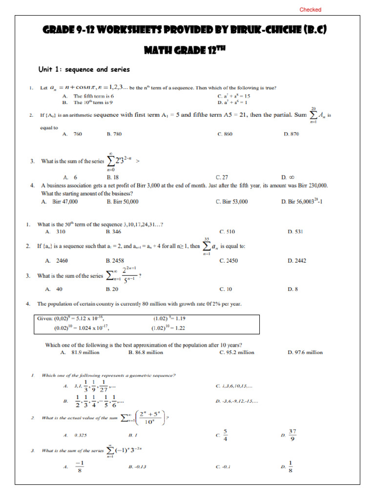 Math Work Sheet Grade 12 Unit 1 Sequence &series | PDF