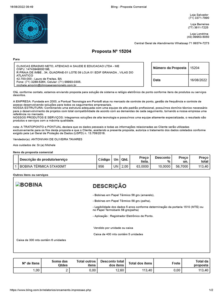 Proposta Bling 15204 - Clinicas Erasmo Neto, Atencao A Saude e Educacao Ltda - Me | PDF ...