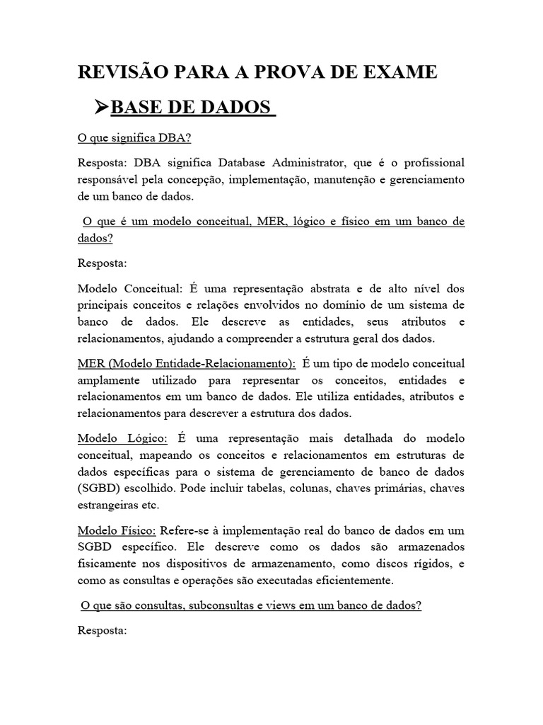 Revisão para A Prova de Exame | PDF | Bancos de dados | SQL