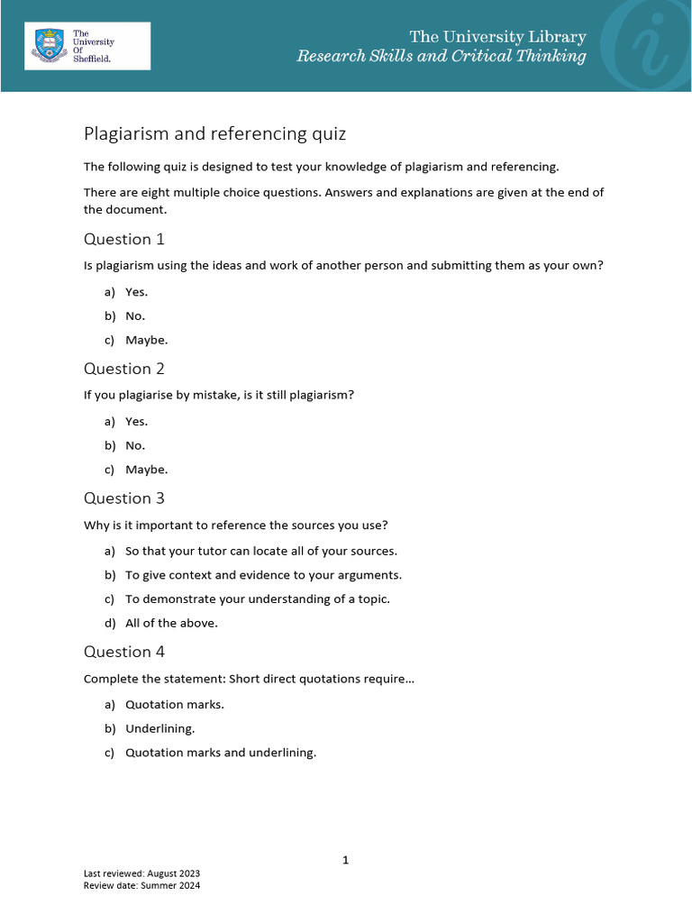 Plagiarism and Referencing Quiz | PDF | Plagiarism | Human Communication