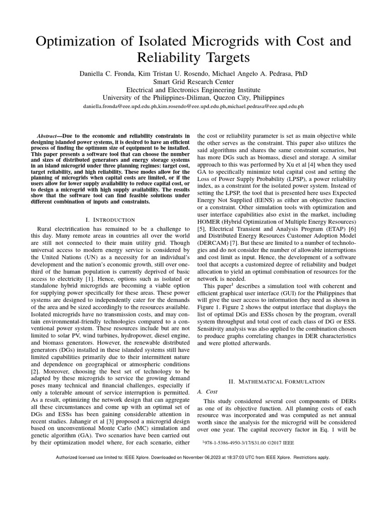 Optimization of Isolated Microgrids With Cost and Reliability Targets | PDF | Distributed ...