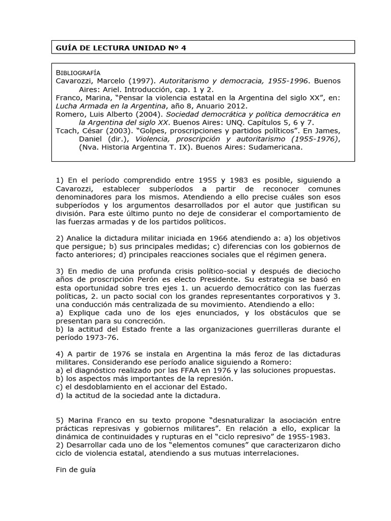 GUÍA DE LECTURA UNIDAD #4 H | PDF | Argentina | Democracia