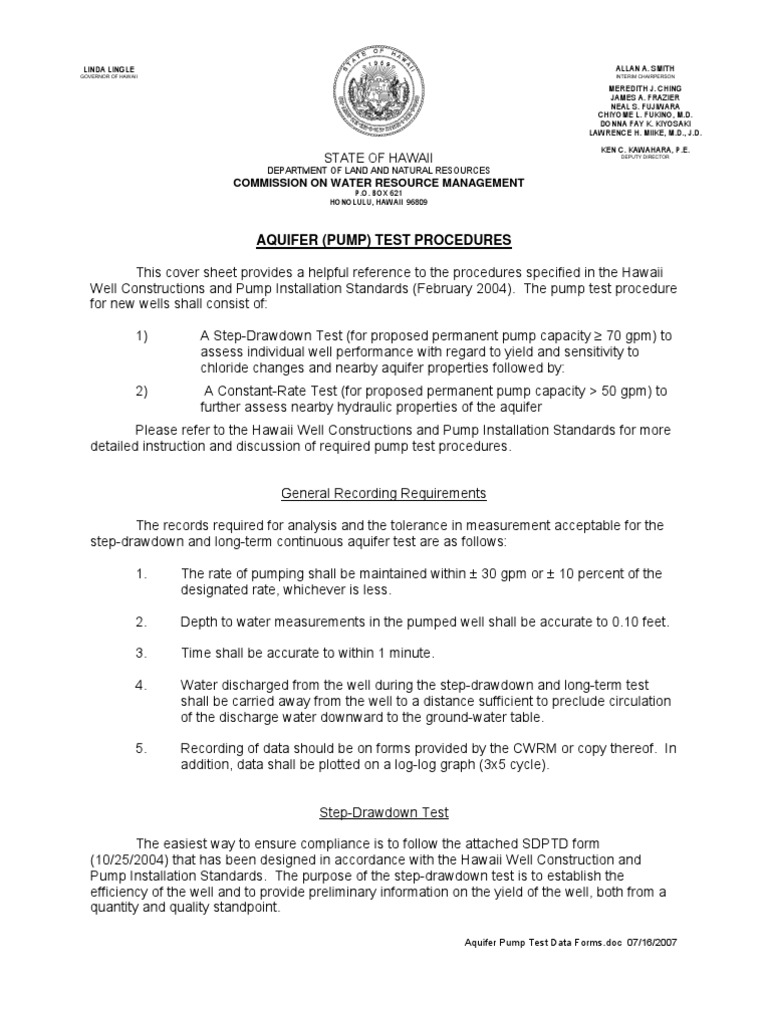 Aquifer (Pump) Test Procedures: State of Hawaii | PDF