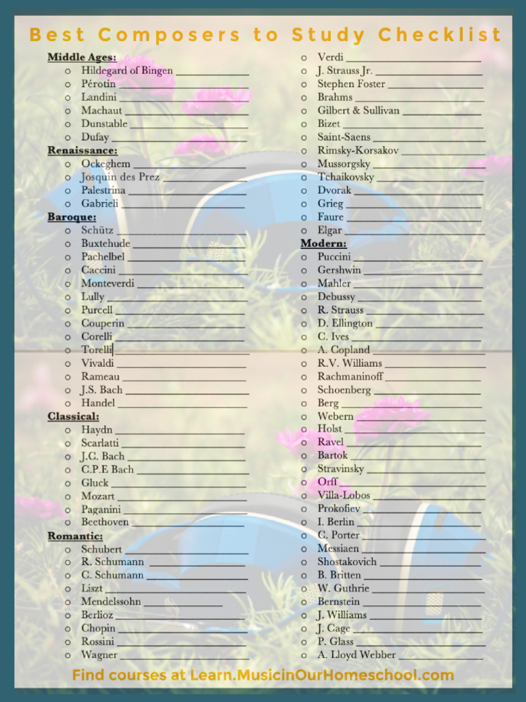 Best Composers To Study Checklist | PDF