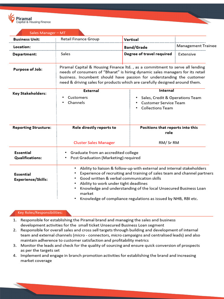 JD - Sales Manager | PDF | Sales | Loans