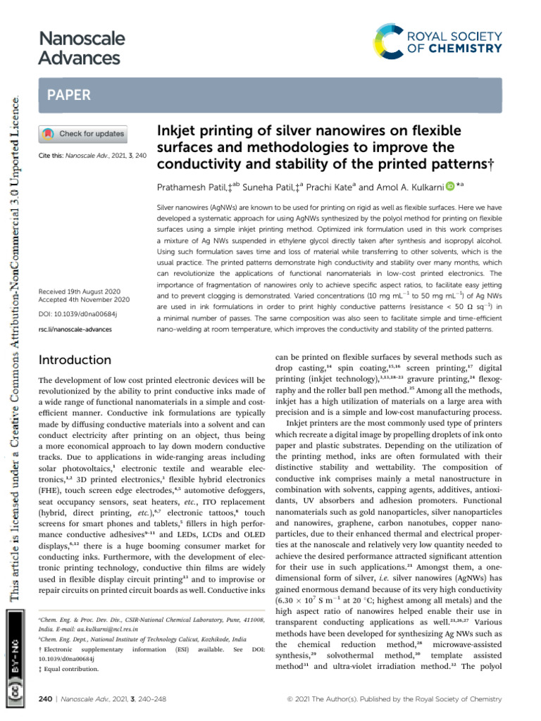Inkjet Printing of Silver Nanowires On Flexible Su | PDF | Nanowire ...
