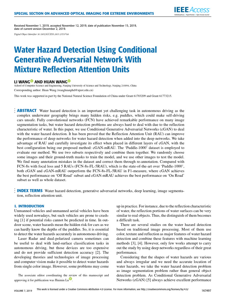 Water Hazard Detection Using Conditional Generative Adversarial Network With Mixture Reflection ...