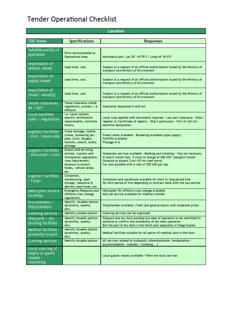 Tender Operational Checklist for Ports | PDF | Port | Warehouse