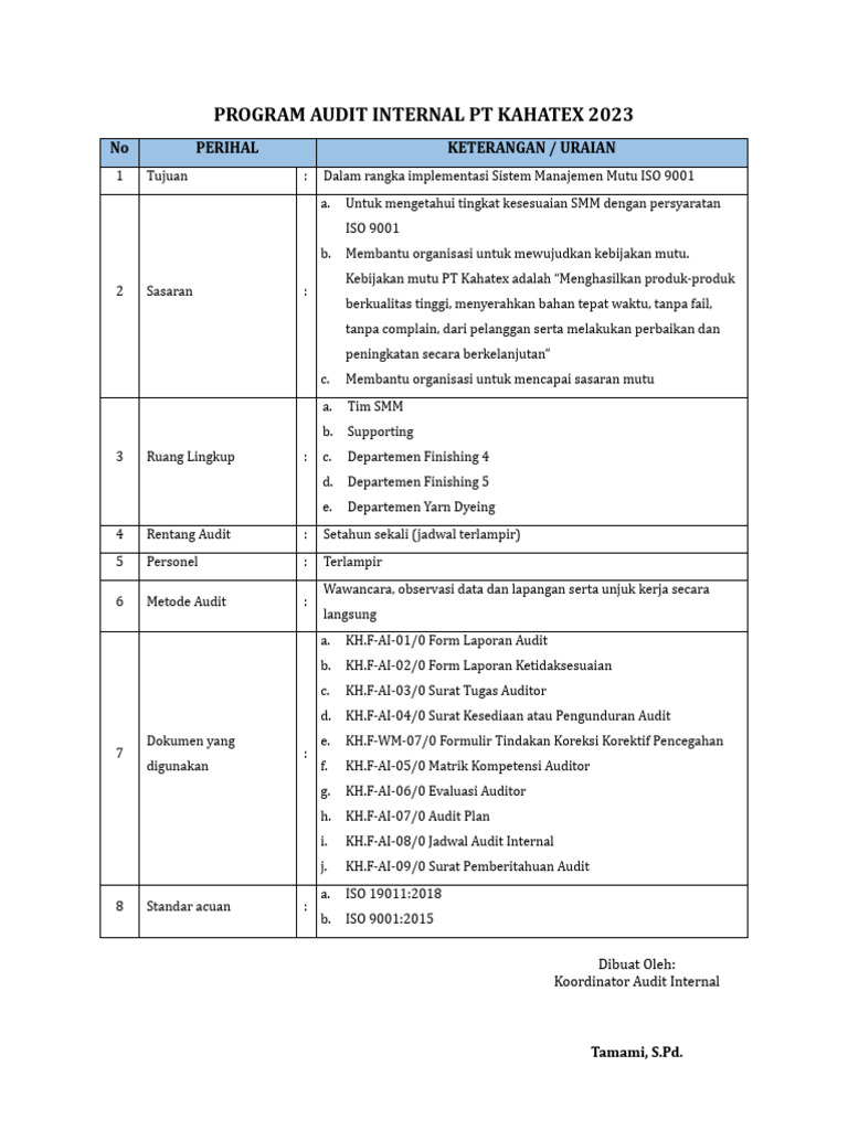 Program Audit Internal PT Kahatex 2023 | PDF