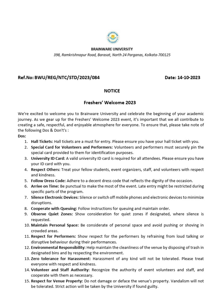 Notice Freshers' Welcome 2023 - Ruless | PDF