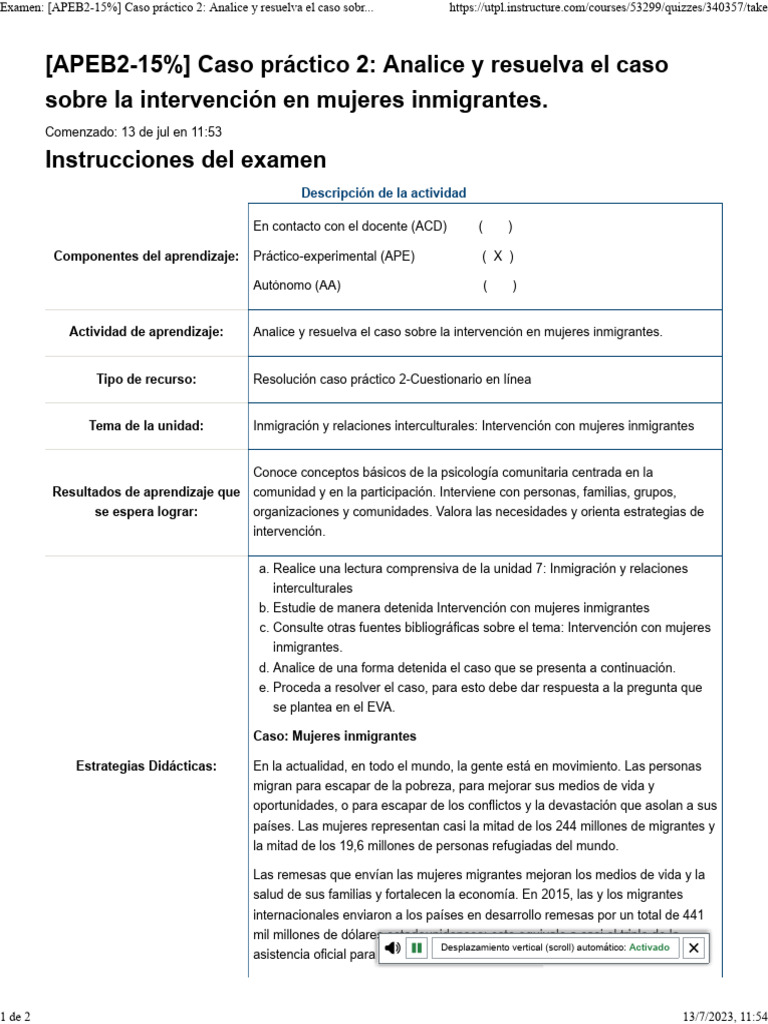 Examen (APEB2-15 - ) Caso Práctico 2 Analice y Resuelva El Caso Sobre La Intervención en Mujeres ...