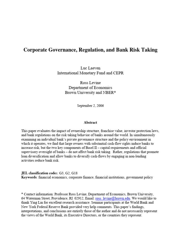 Corporate Governance, Regulation, and Bank Risk Taking | PDF | Banks ...