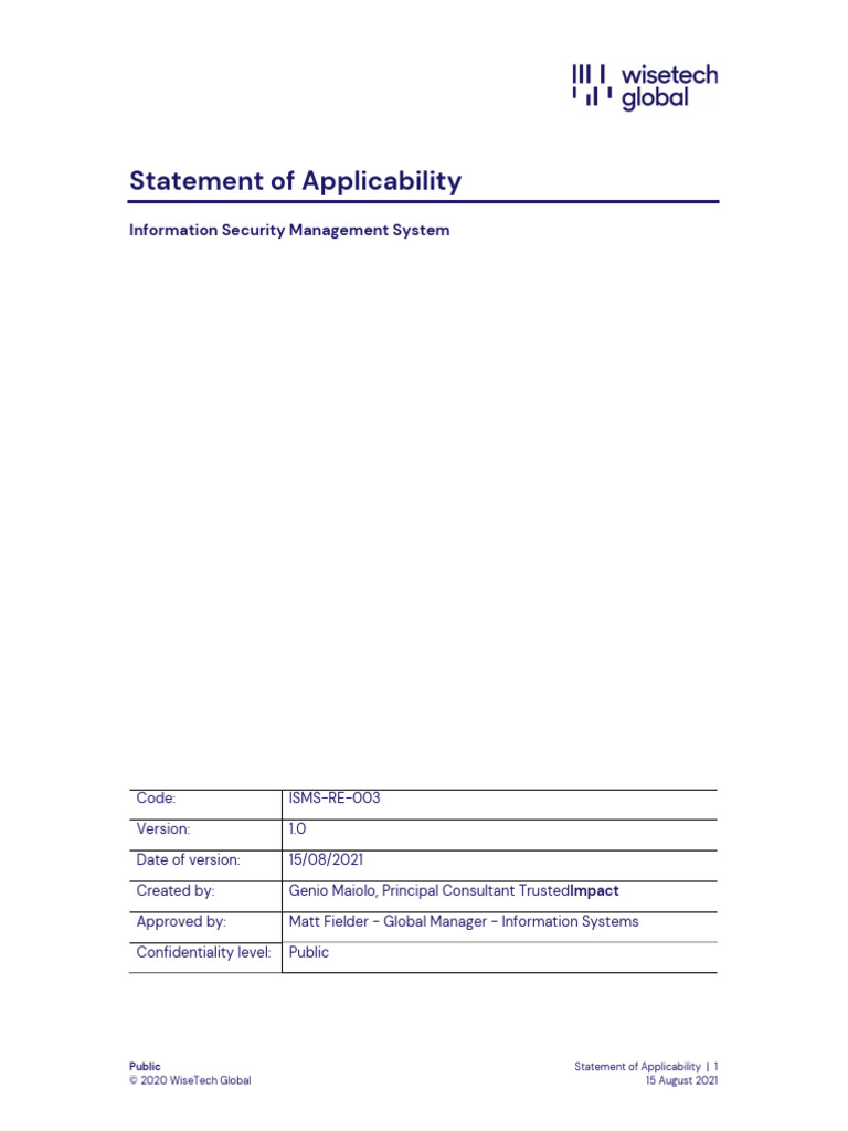 WTG_Statement Of Applicability | PDF | Information Security | Information