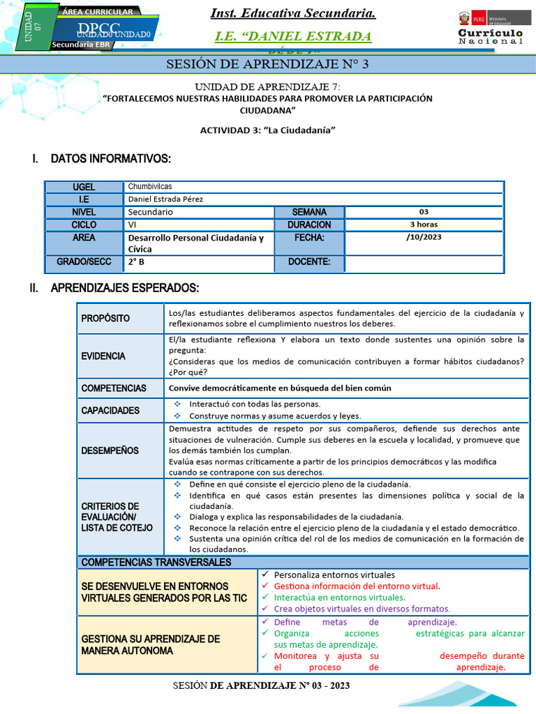 2º DPCC - Ses 3 Uni 7 - Sem 03 | Descargar gratis PDF | Ciudadanía | Aprendizaje