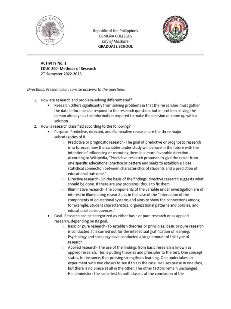 ACTIVITY No. 1 EDUC 200 - METHODS OF RESEARCH | PDF | Statistics ...