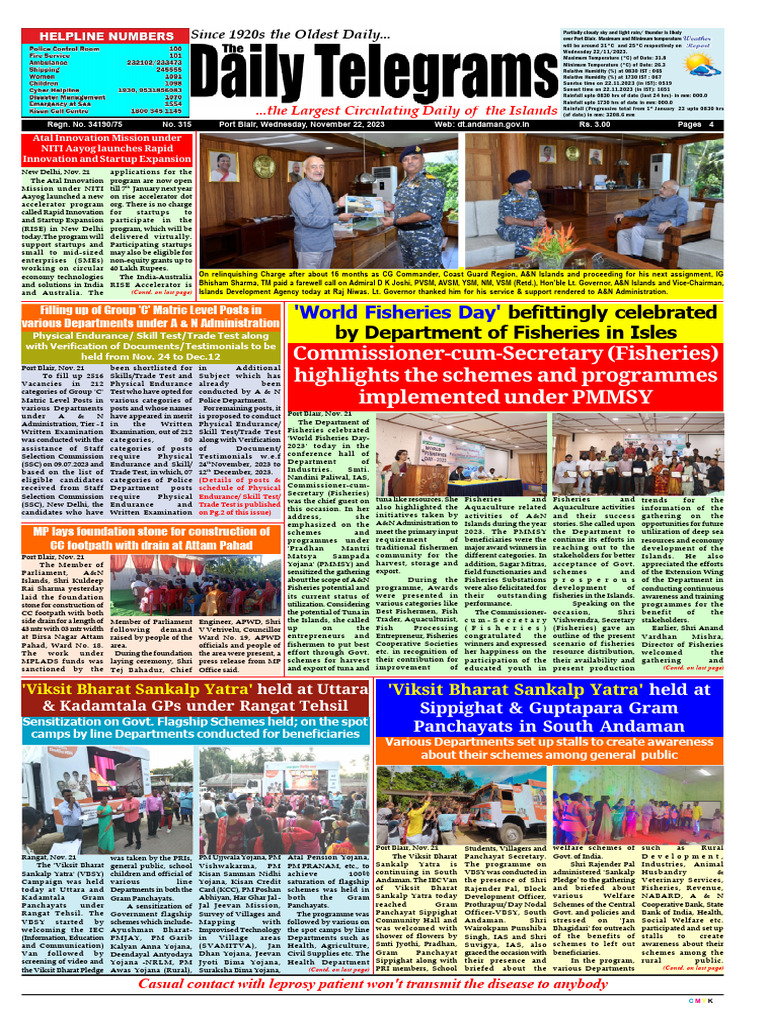Daily Telegram: Port Blair News Nov 22 | PDF