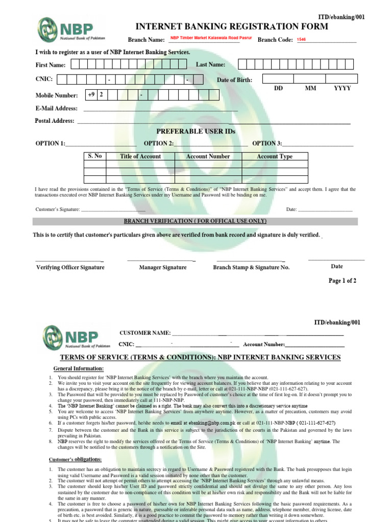 NBP Internet Banking Signup Form | PDF | Online Banking | Banks & Banking