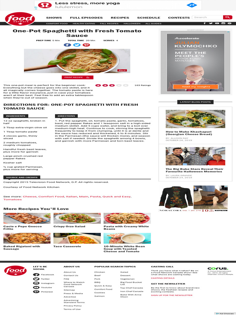 One-Pot Spaghetti With Fresh Tomato Sauce Recipes Food Network Canada ...