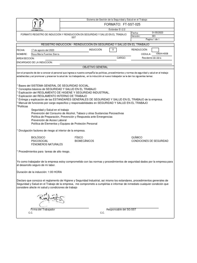 FT-SST-025 Formato de Inducción y Reinducción en SST - Residente de Obra | PDF | Valores | Business