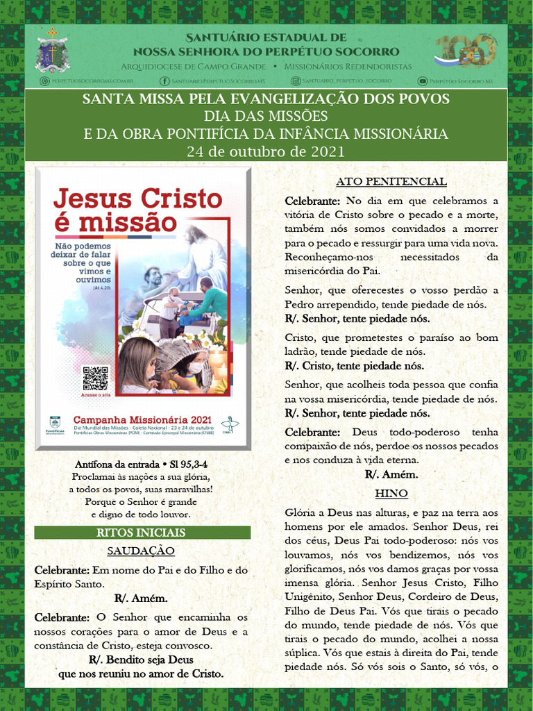 Folheto Liturgico Santa Missa Pela Evangelizacao Dos Povos 24 10 21
