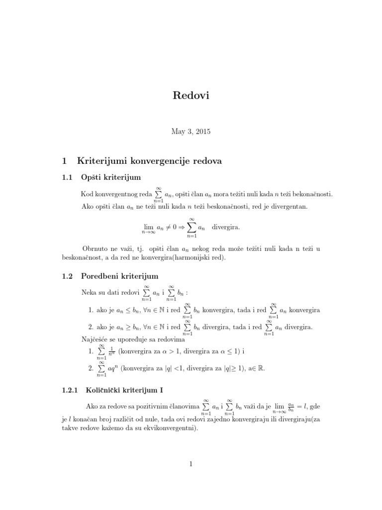 Redovi: 1 Kriterijumi Konvergencije Redova | PDF