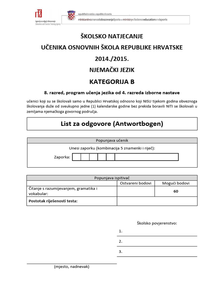 Oĉ - Ĉkolsko Natjecanje - 2015 - List Za Odgovore - KAT B | PDF Oĉ - Ĉkolsko Natjecanje - 2015 - List Za Odgovore - KAT B | PDF