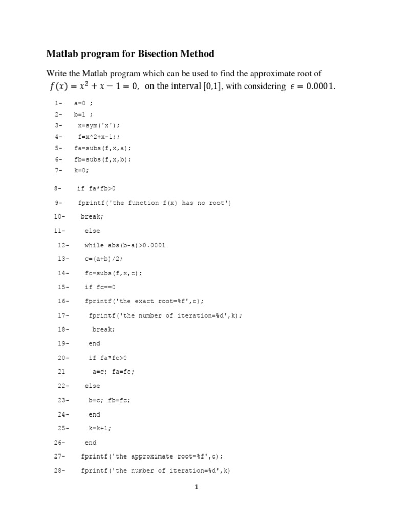 Matlab Program For Bisection Method | PDF | Computational Science | Algebra