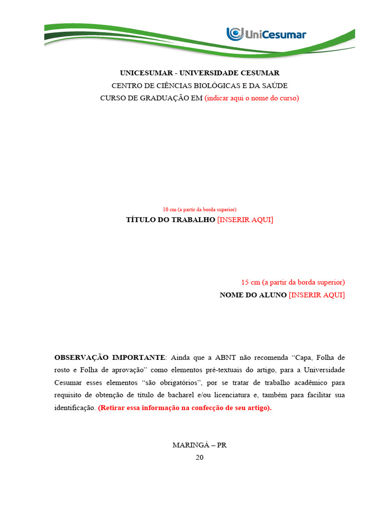 Unicesumar - Universidade Cesumar: (Indicar Aqui o Nome Do Curso) | PDF ...