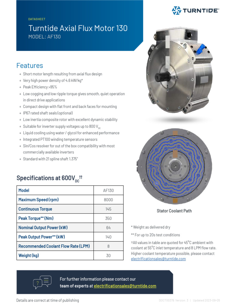 Turntide AF130 Axial Flux Motor Specs | PDF | Electric Motor | Coolant