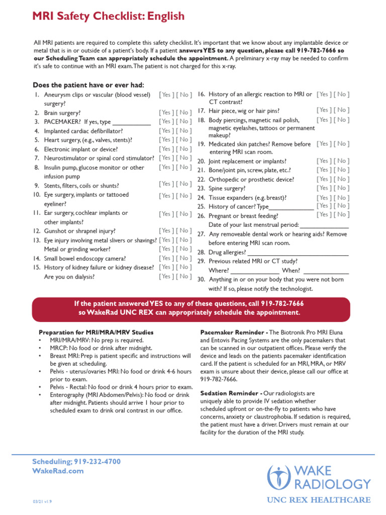 MRI Safety Checklist for Patients | PDF | Implant (Medicine) | Magnetic ...
