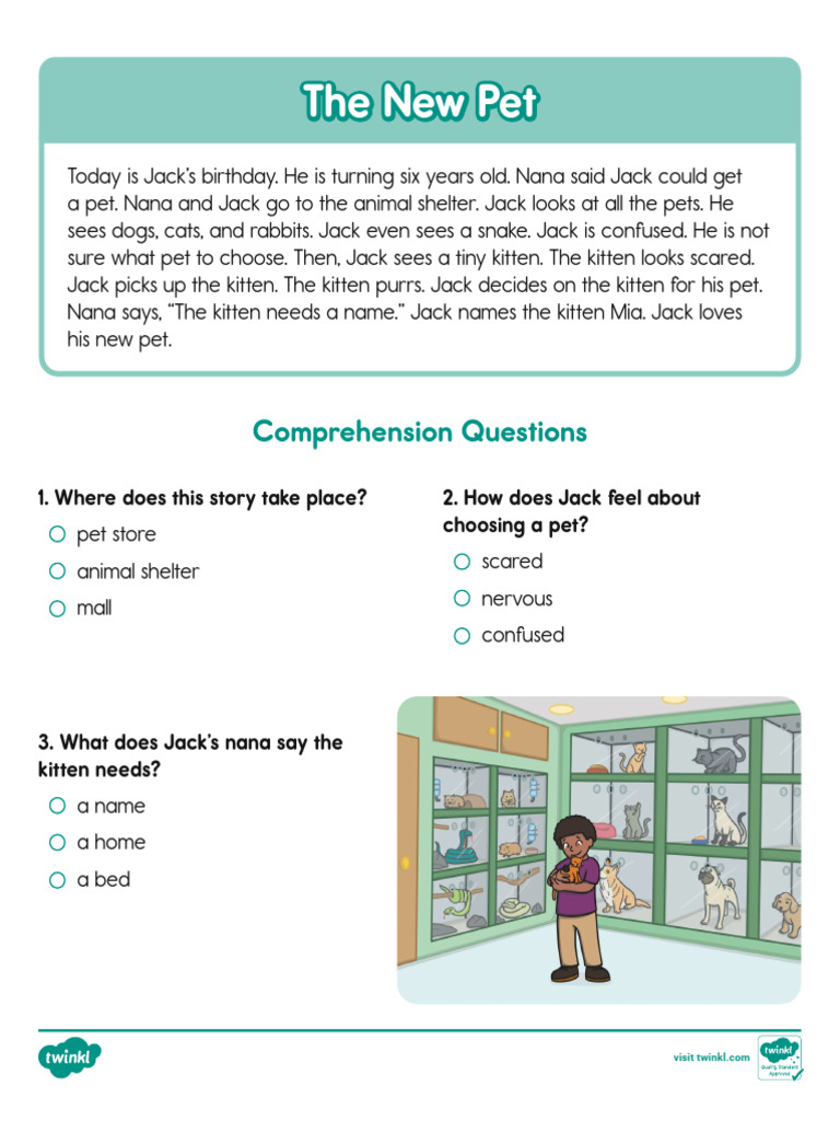 Digital Kindergarten The New Pet Reading Passage Comprehension Activity ...